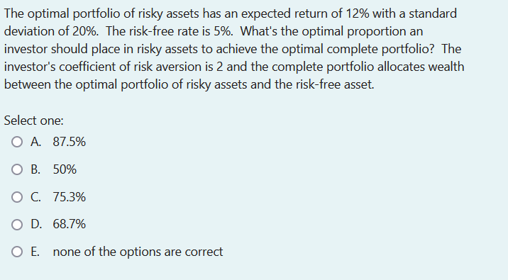 Solved The optimal portfolio of risky assets has an expected | Chegg.com