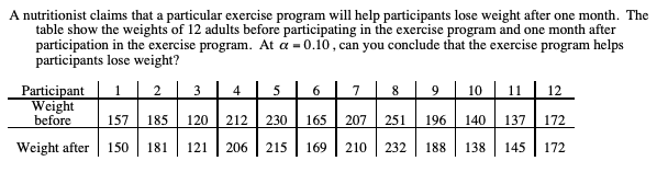 Solved A nutritionist claims that a particular exercise | Chegg.com