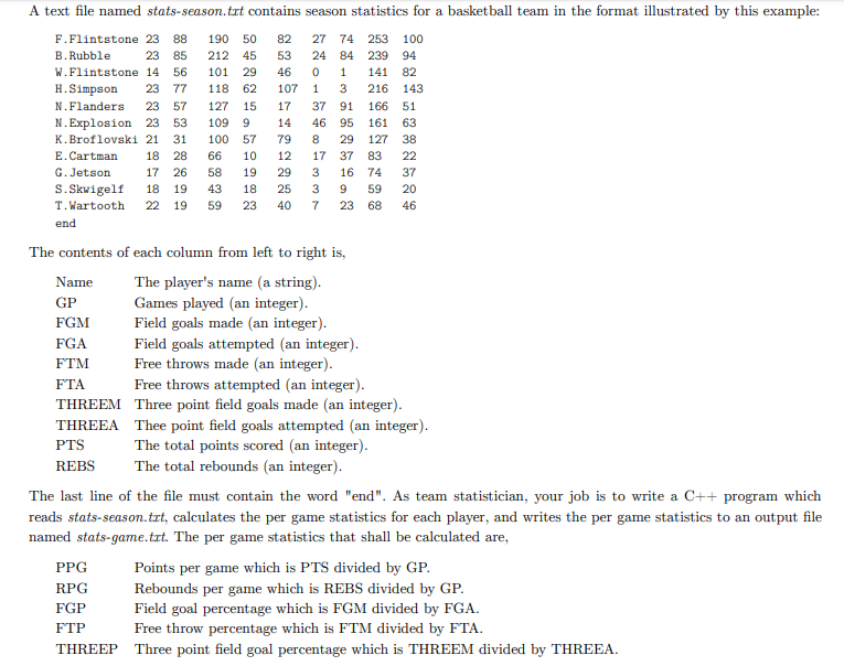 Solved A text file named stats-season.txt contains season | Chegg.com