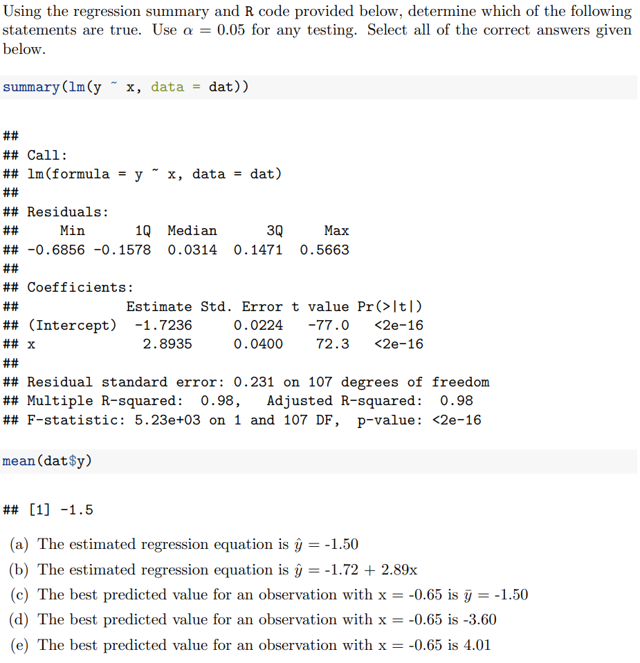 Solved Using the regression summary and R code provided | Chegg.com
