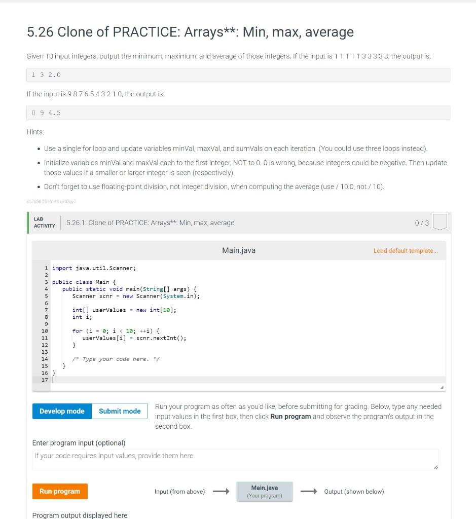 Solved 5.26 Clone of PRACTICE: Arrays**: Min, max, average | Chegg.com