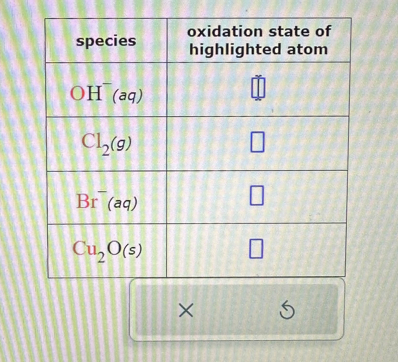 Solved \begin{tabular}{|c|c|} \hline species & oxidation | Chegg.com