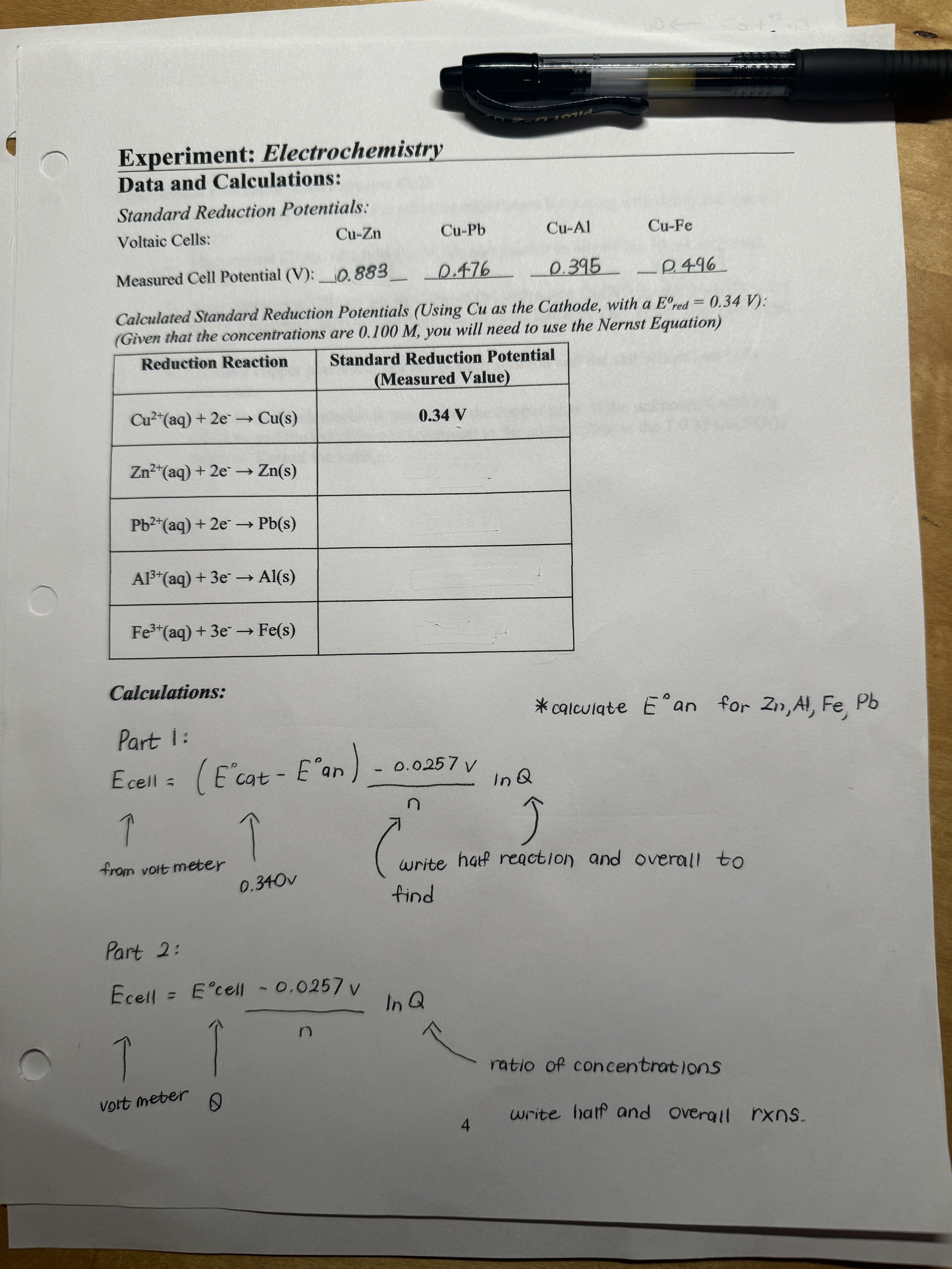 Solved Calculated Standard Reduction Potentials (Using Cu as | Chegg.com