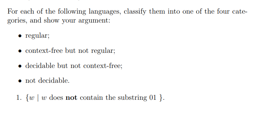 Solved For each of the following languages, classify them | Chegg.com