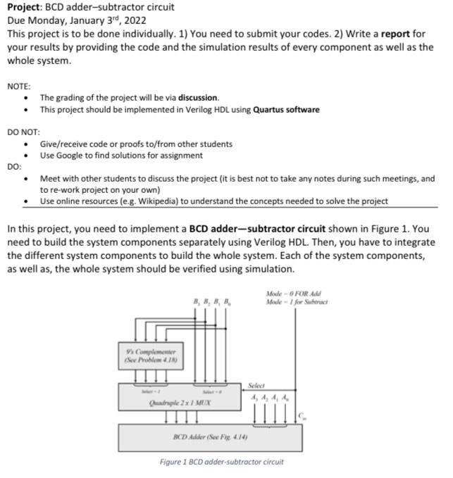Solved Project: BCD adder-subtractor circuit Due Monday, | Chegg.com