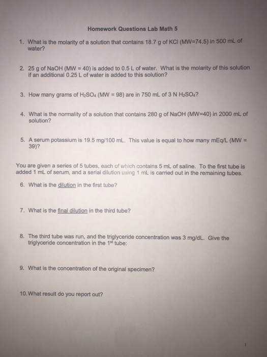 Solved Homework Questions Lab Math 5 1. What is the molarity | Chegg.com