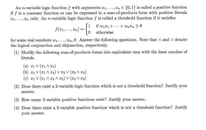 a ? An n-variable logic function f with arguments | Chegg.com