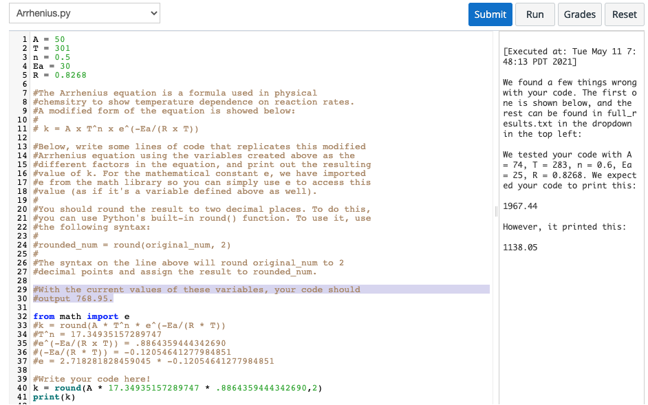 Solved Arrhenius.py Submit Run Grades Reset [Executed at: | Chegg.com Solved Arrhenius.py Submit Run Grades Reset [Executed at: | Chegg.com