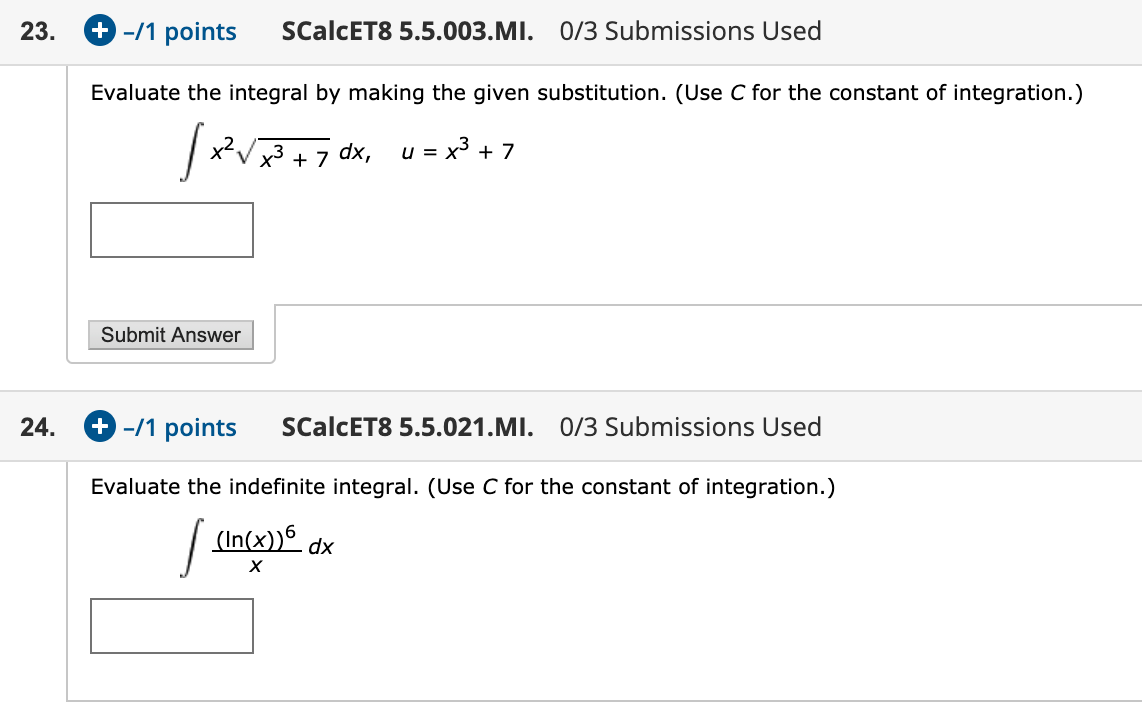 Solved 23. + -/1 points SCalcET8 5.5.003.MI. 0/3 Submissions | Chegg.com
