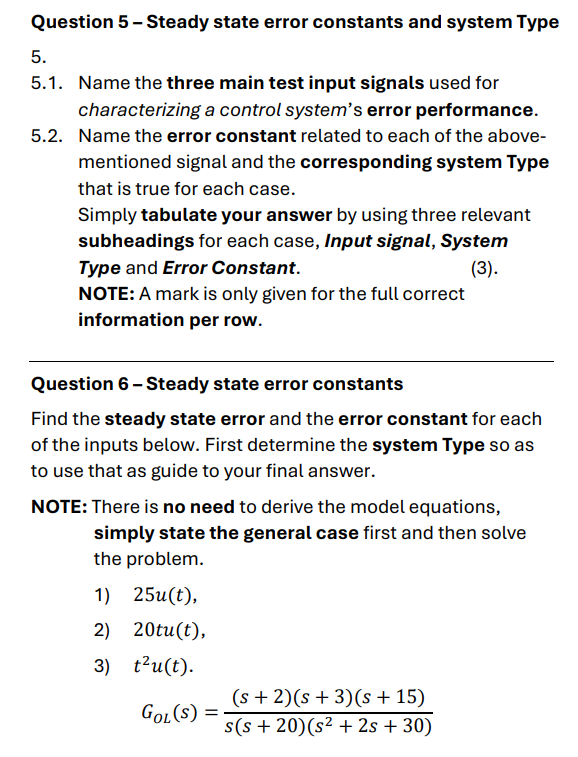 Solved Question 5 - ﻿Steady state error constants and system | Chegg.com