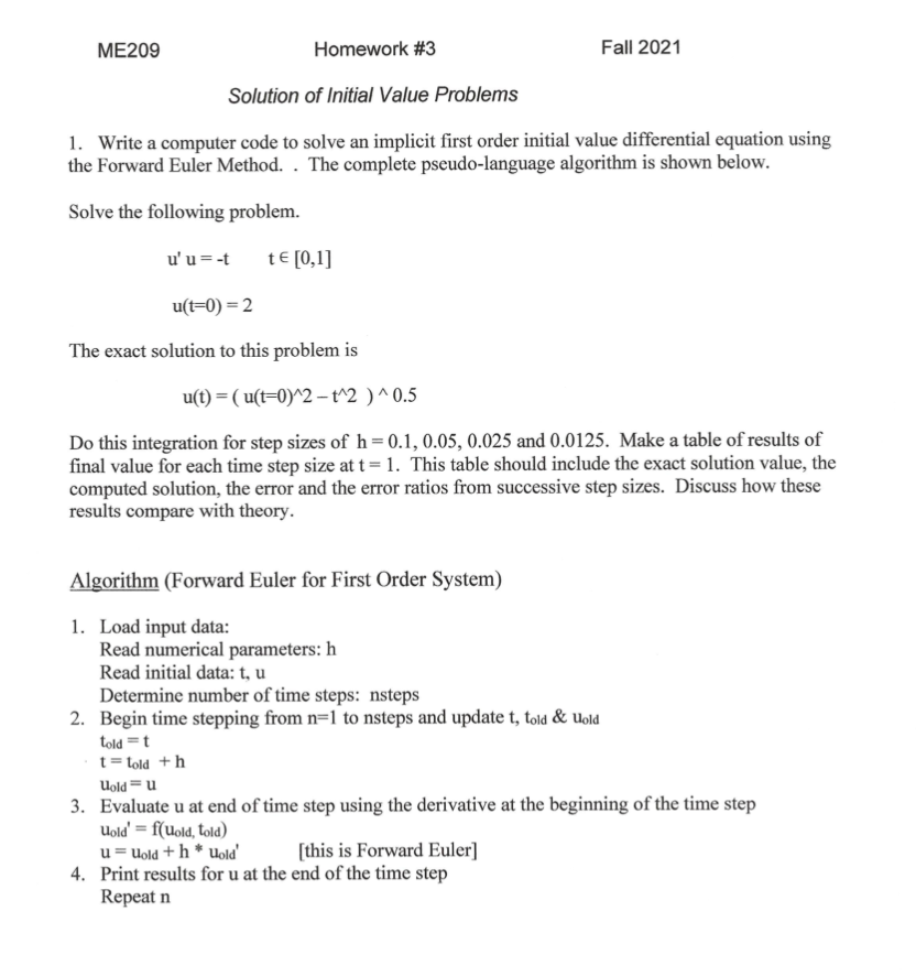Solved ME209 Homework #3 Fall 2021 Solution of Initial Value | Chegg.com