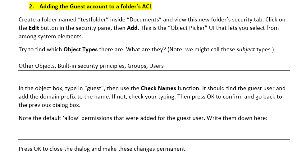 Solved 2. Adding the Guest account to a folder's ACL Create | Chegg.com