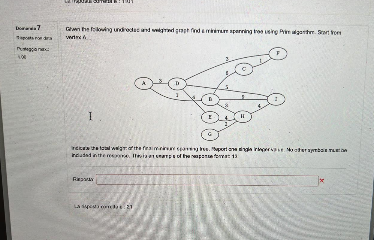 Solved Domanda 7 Given the following undirected and weighted | Chegg.com