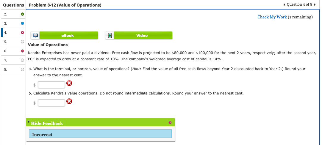 Solved Check My Work ( 1 remaining) Value of Operations | Chegg.com