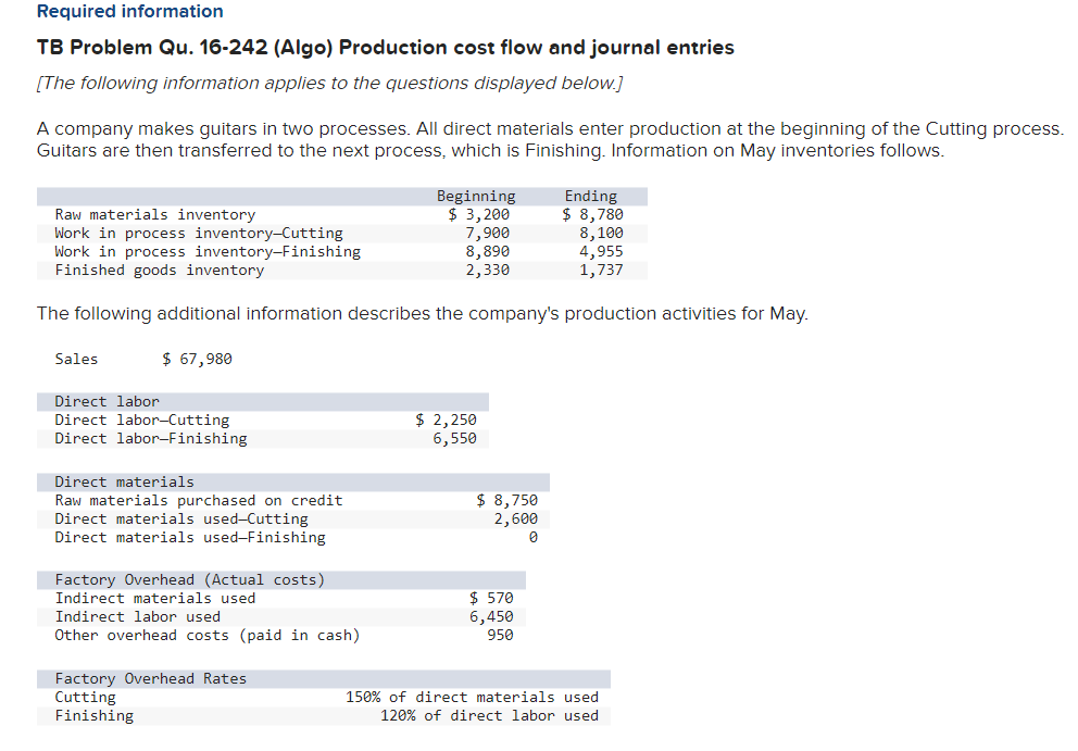 Solved TB Problem Qu. 16-242 (Algo) Production cost flow and | Chegg.com