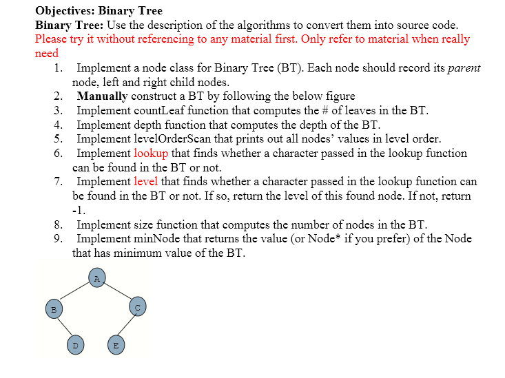 Solved Objectives: Binary Tree Binary Tree: Use the | Chegg.com