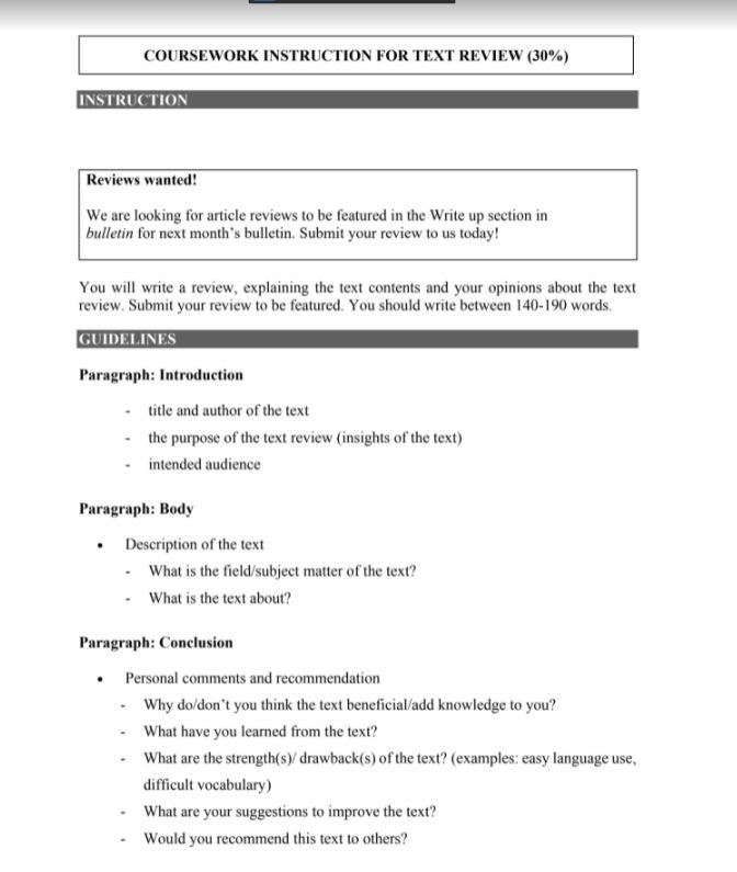 Solved COURSEWORK INSTRUCTION FOR TEXT REVIEW (30%) | Chegg.com