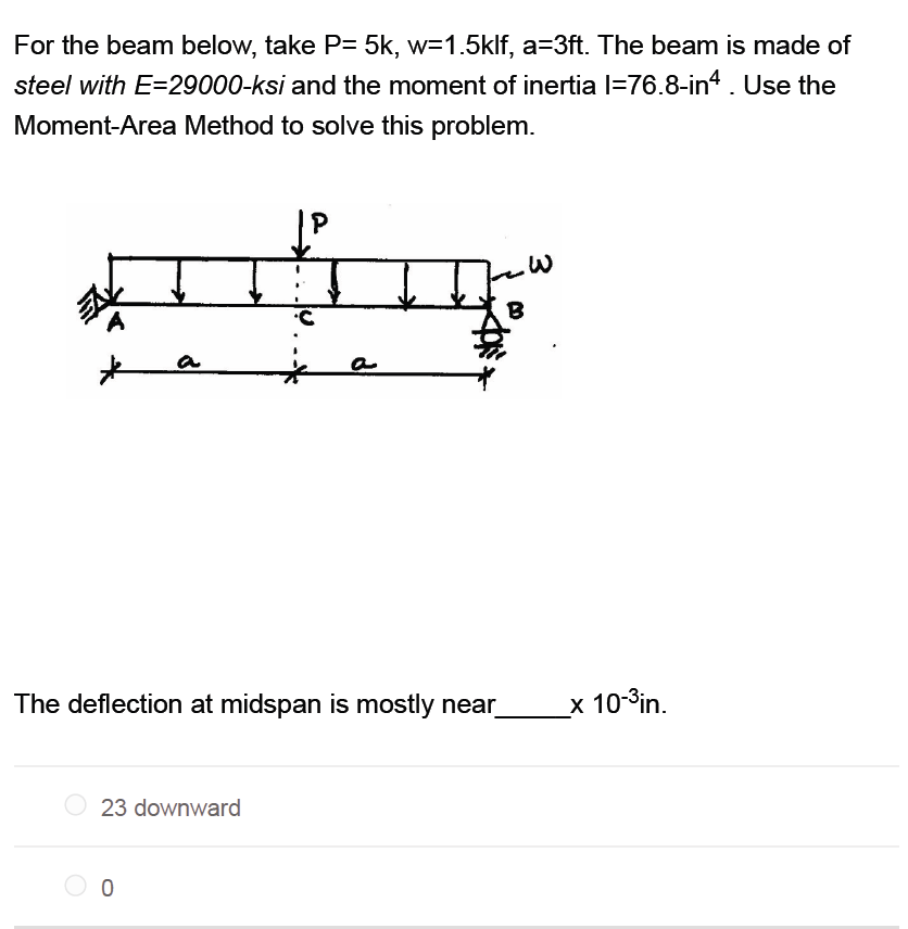 Solved For the beam below, take P=5k,w=1.5klf,a=3ft. The | Chegg.com