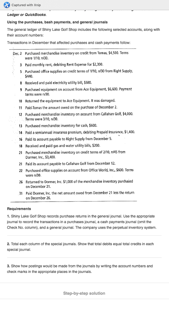Solved Captured with Xnip Ledger or QuickBooks Using the | Chegg.com