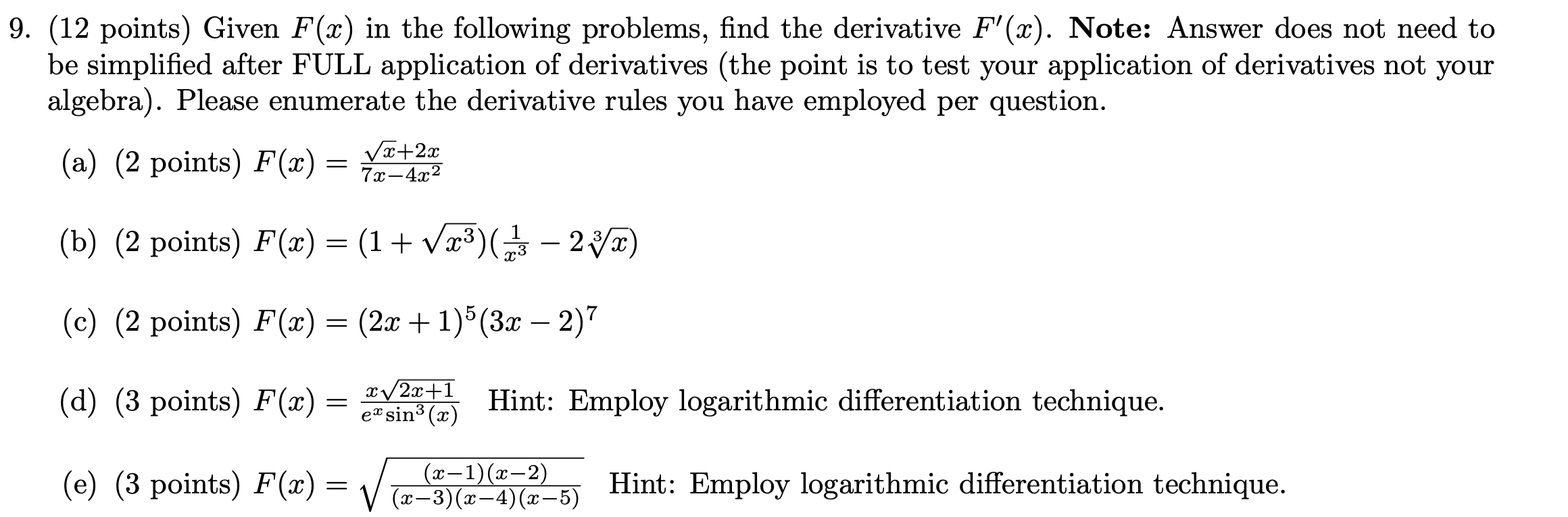 Solved 9. (12 points) Given F(x) in the following problems, | Chegg.com