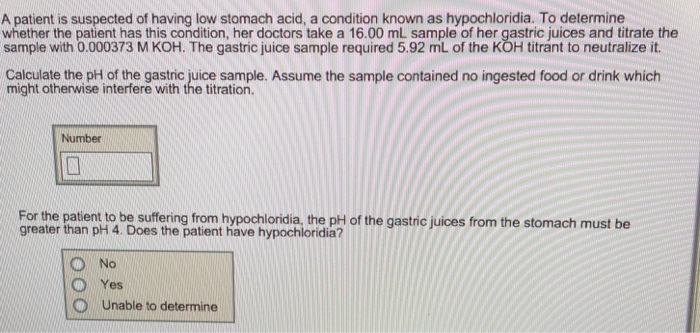 Solved A patient is suspected of having low stomach acid, a | Chegg.com