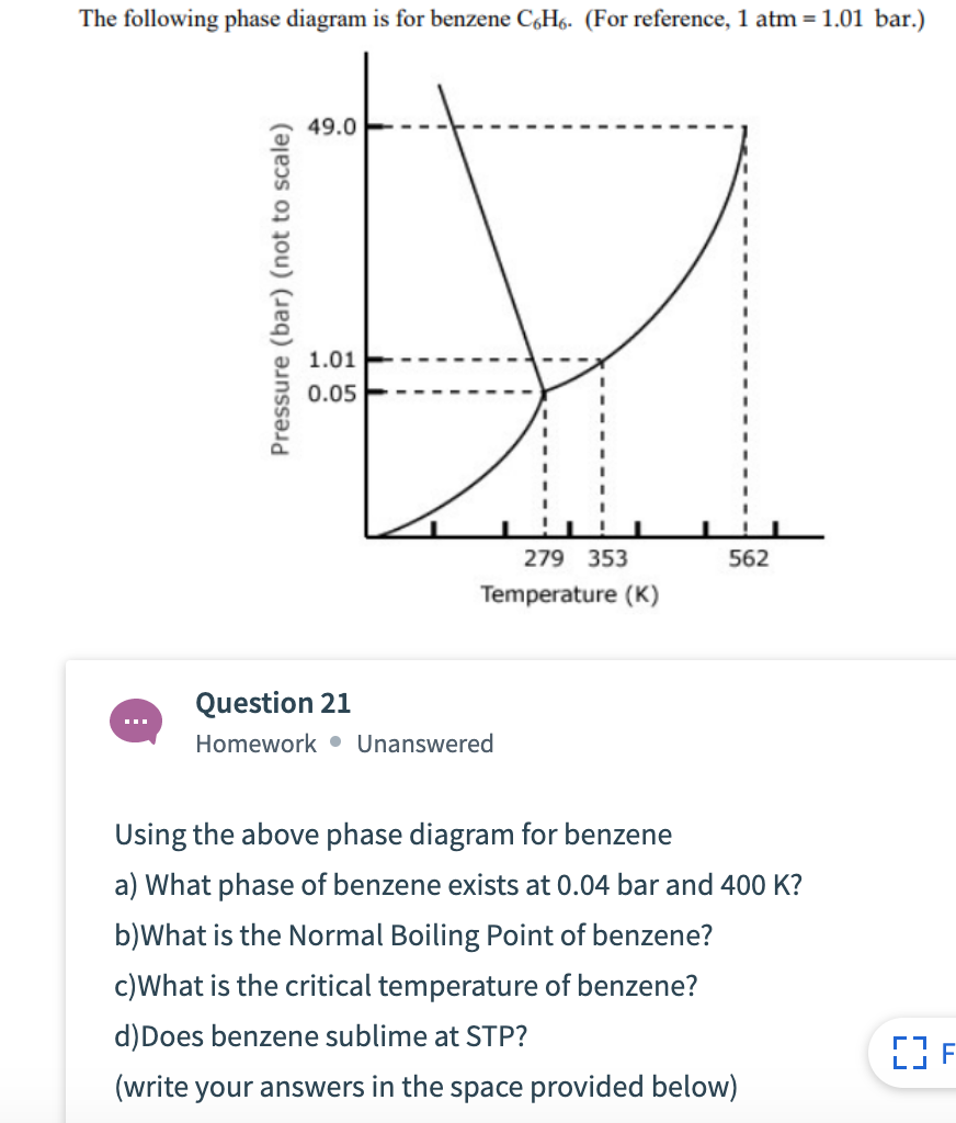 Solved The following phase diagram is for benzene C.H. (For | Chegg.com