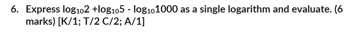 Solved 6. Express log102+log105−log101000 as a single | Chegg.com