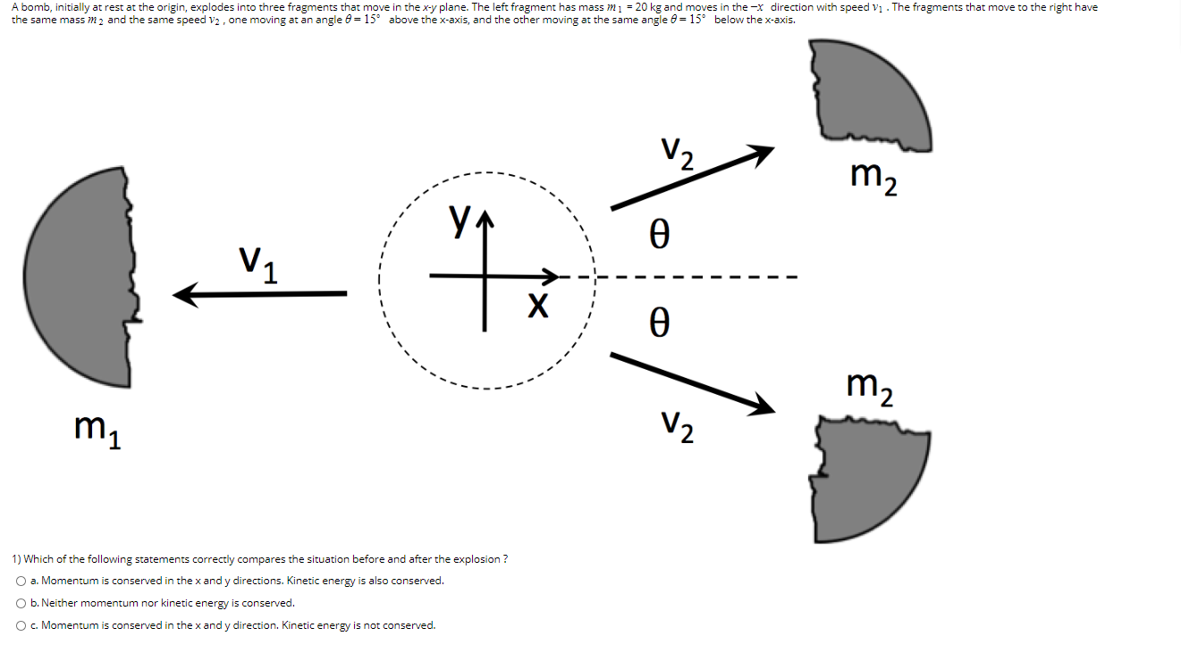 Solved A bomb, initially at rest at the origin, explodes | Chegg.com