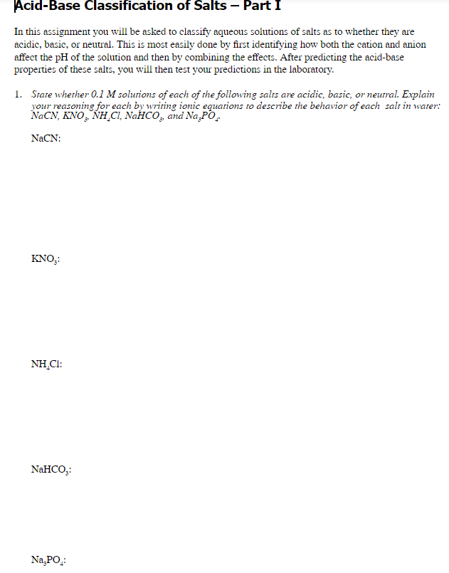 Solved Acid-Base Classification of Salts - Part I In this | Chegg.com