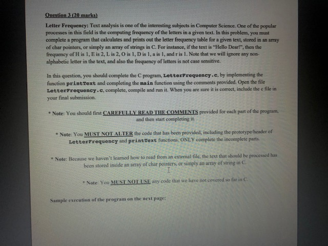 Solved Ouestion 3 (20 marks) Letter Frequency: Text analysis | Chegg.com