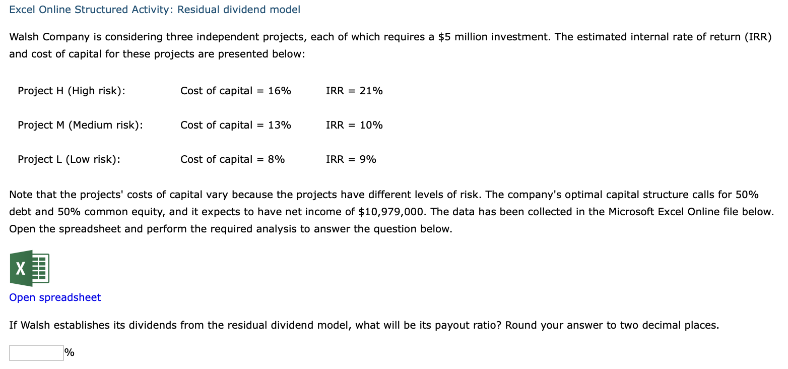 Solved Excel Online Structured Activity: Residual dividend | Chegg.com