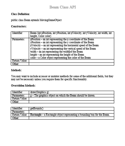 Solved Beam Class API - ﻿Java | Chegg.com