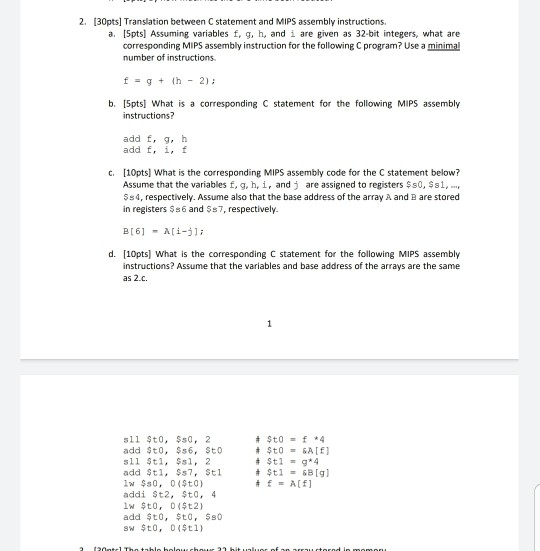 Solved 2. [30pts] Translation between C statement and MIPS | Chegg.com