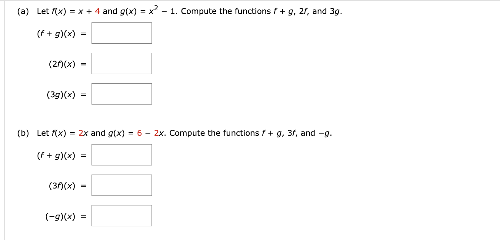 Solved (a) Let f(x)=x+4 and g(x)=x2−1. Compute the functions | Chegg.com