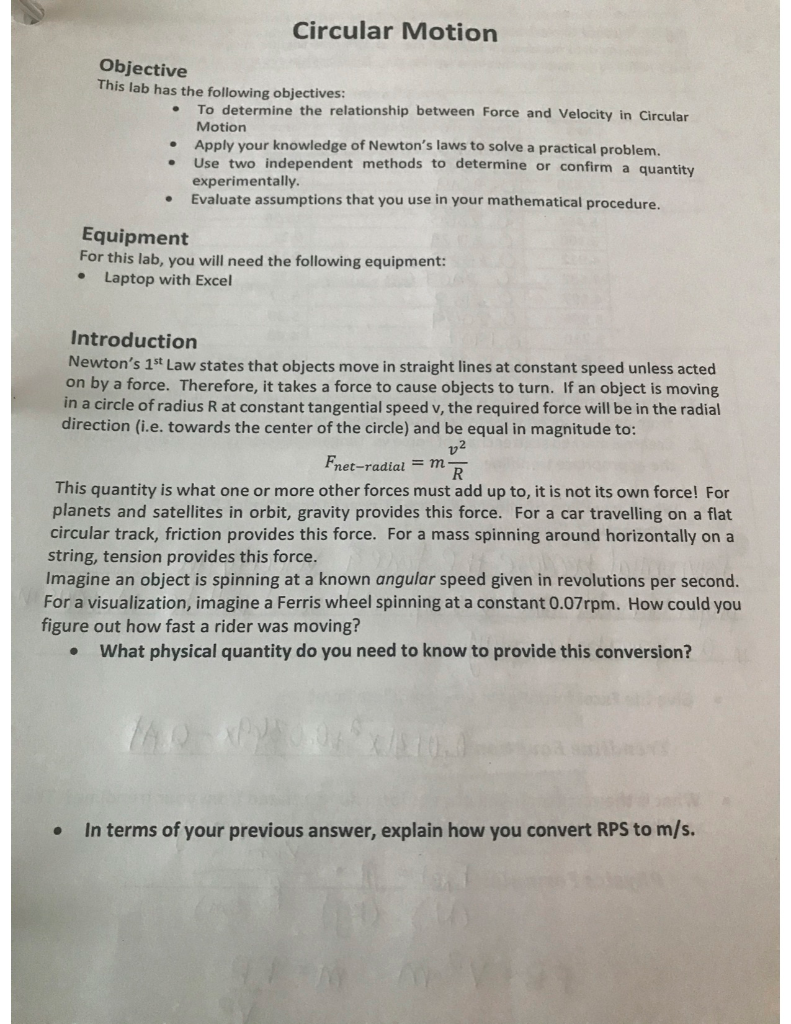 Solved Circular Motion Objective This lab has the following | Chegg.com