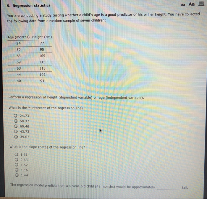 Solved 9. Regression statistics Aa Aa You are conducting a | Chegg.com