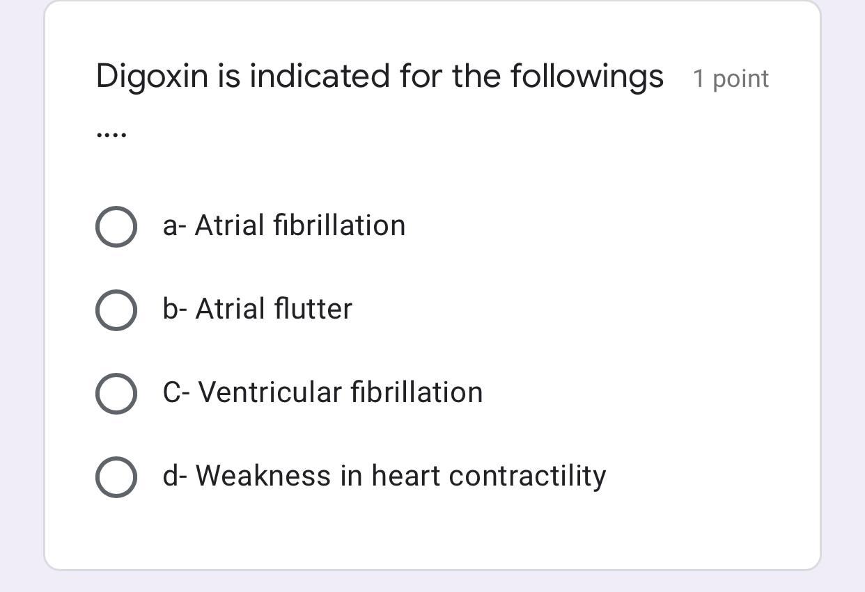 Solved Digoxin is indicated for the followings 1 point O a- | Chegg.com