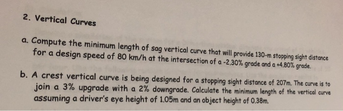 Solved 2. Vertical Curves a. Compute the minimum length of | Chegg.com
