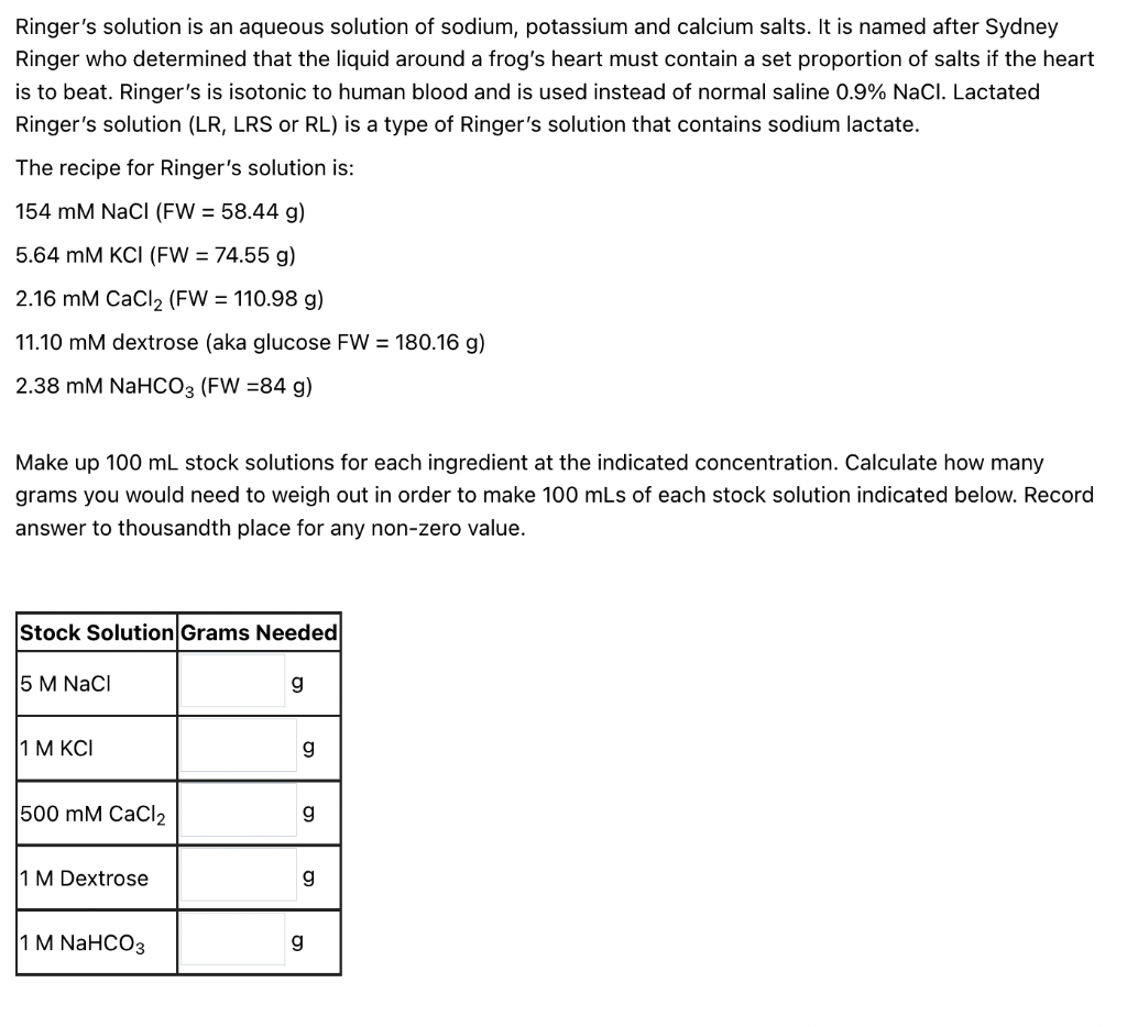 Solved Ringer's solution is an aqueous solution of sodium, | Chegg.com