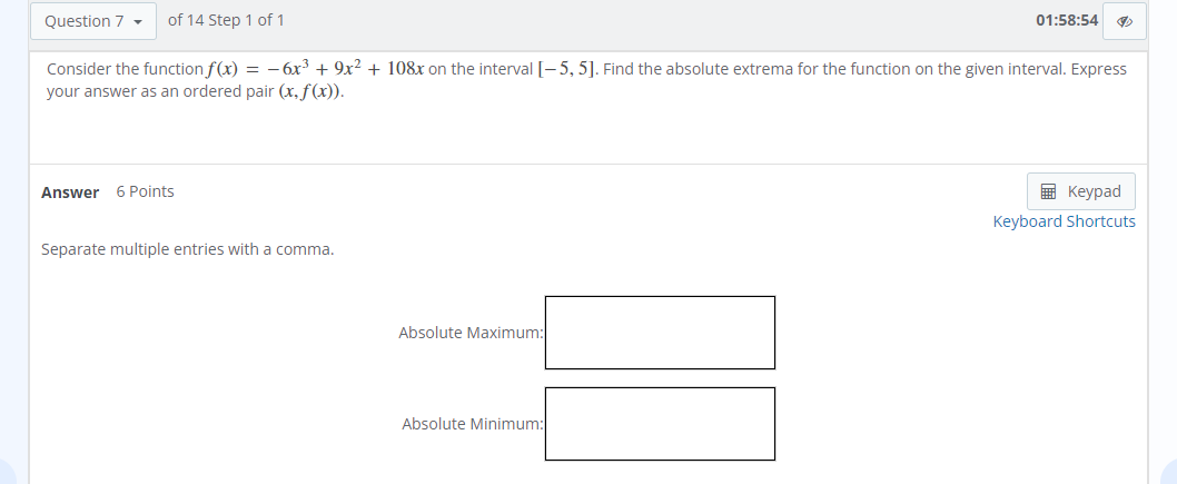 Solved Consider the function f(x)=−6x3+9x2+108x on the | Chegg.com