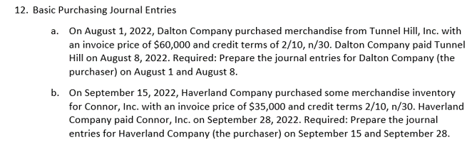 Solved 12. Basic Purchasing Journal Entries a. On August 1, | Chegg.com