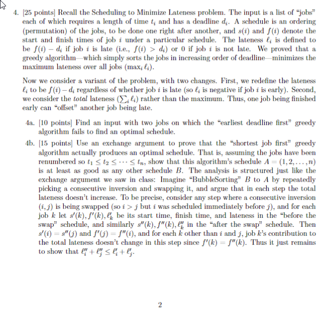 4. 25 pointecal the Scheduling to Minimize Lateness | Chegg.com