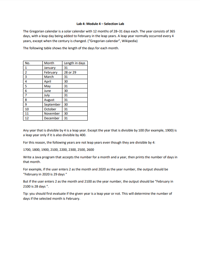 Solved Lab 4: Module 4 - Selection Lab The Gregorian | Chegg.com