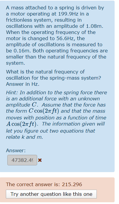 Solved A mass attached to a spring is driven by a motor | Chegg.com