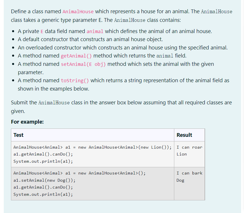 Solved Define a class named AnimalHouse which represents a | Chegg.com