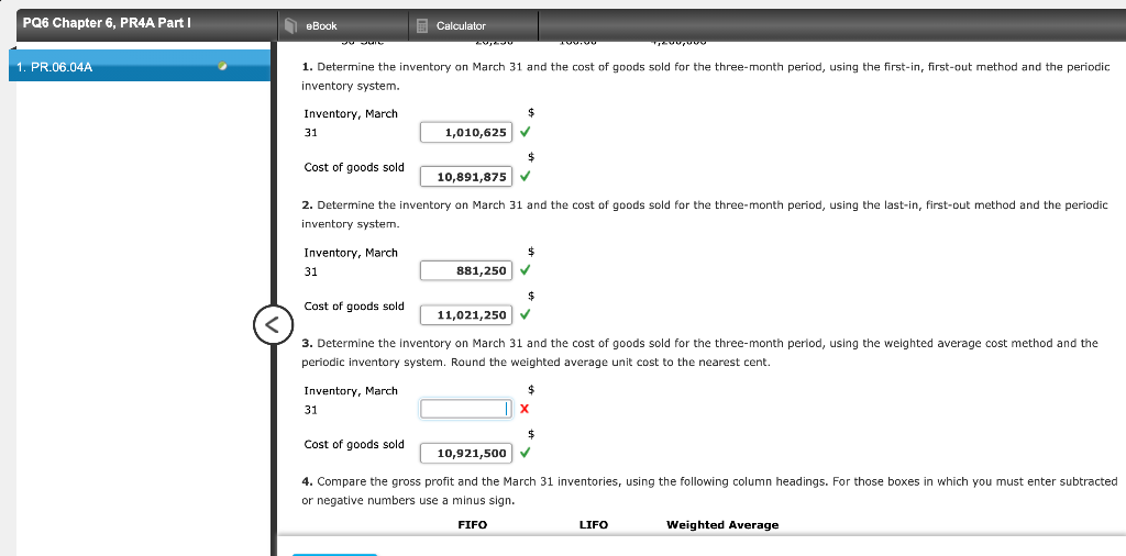 Solved PQ6 Chapter 6, PR4A Part I eBook Calculator 1. | Chegg.com
