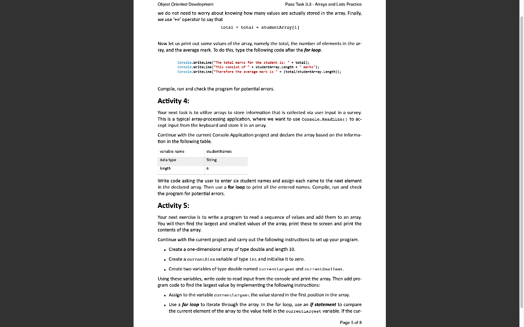 Solved Object Oriented Development Pass Task 2.3 - Arrays | Chegg.com