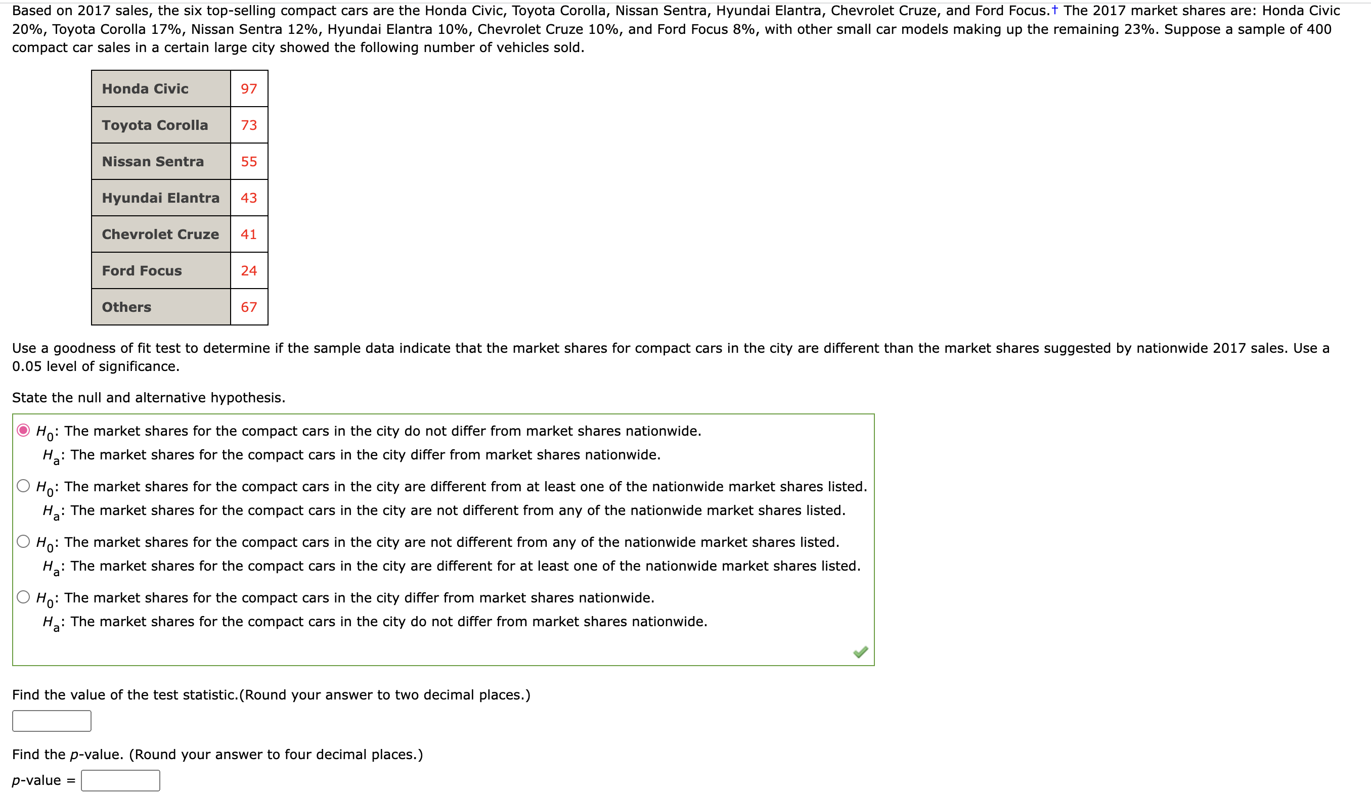 Solved compact car sales in a certain large city showed the | Chegg.com