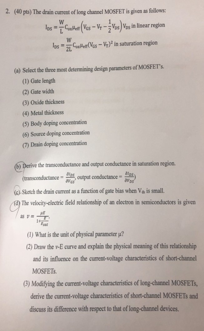 Solved 2. (40 pts) The drain current of long channel MOSFET | Chegg.com