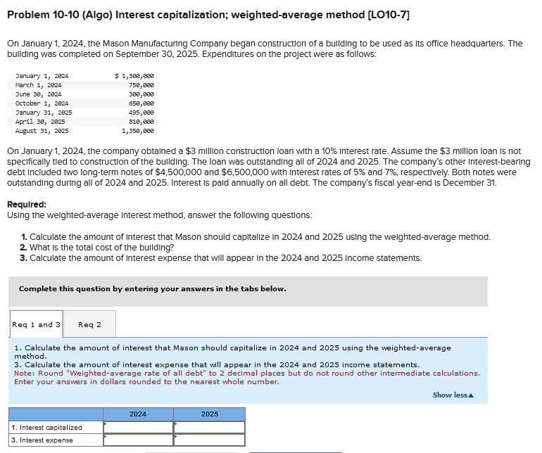 Solved Problem 10-10 (Algo) ﻿Interest capitalization; | Chegg.com